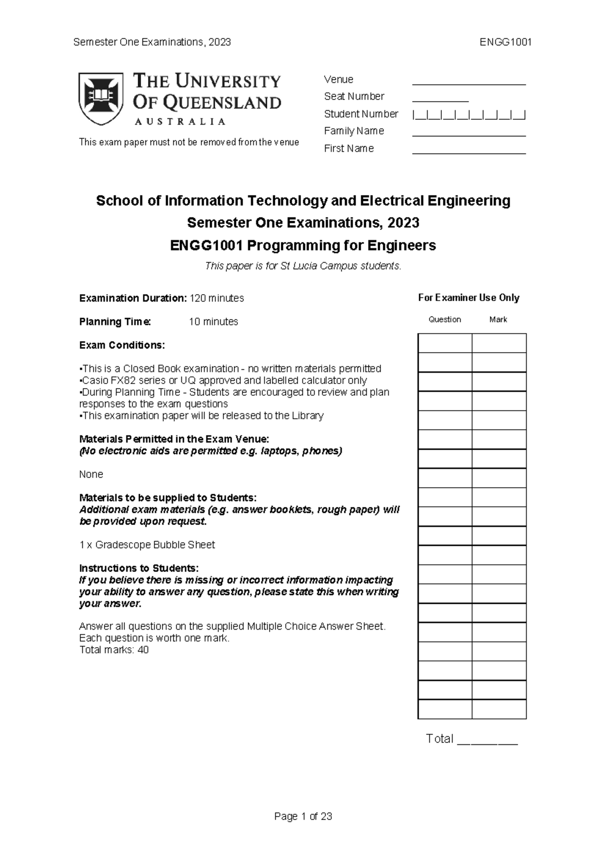 Semester One Final Examination 2023 ENGG1001 - Semester One Examinations, 2023 ENGG This exam ...