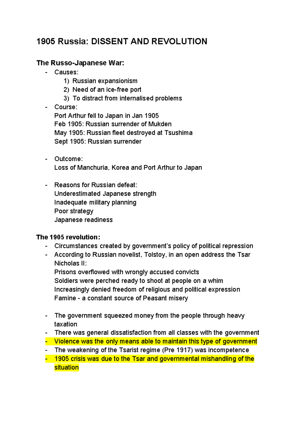 1905 Russia In depth - notes - 1905 Russia: DISSENT AND REVOLUTION The ...