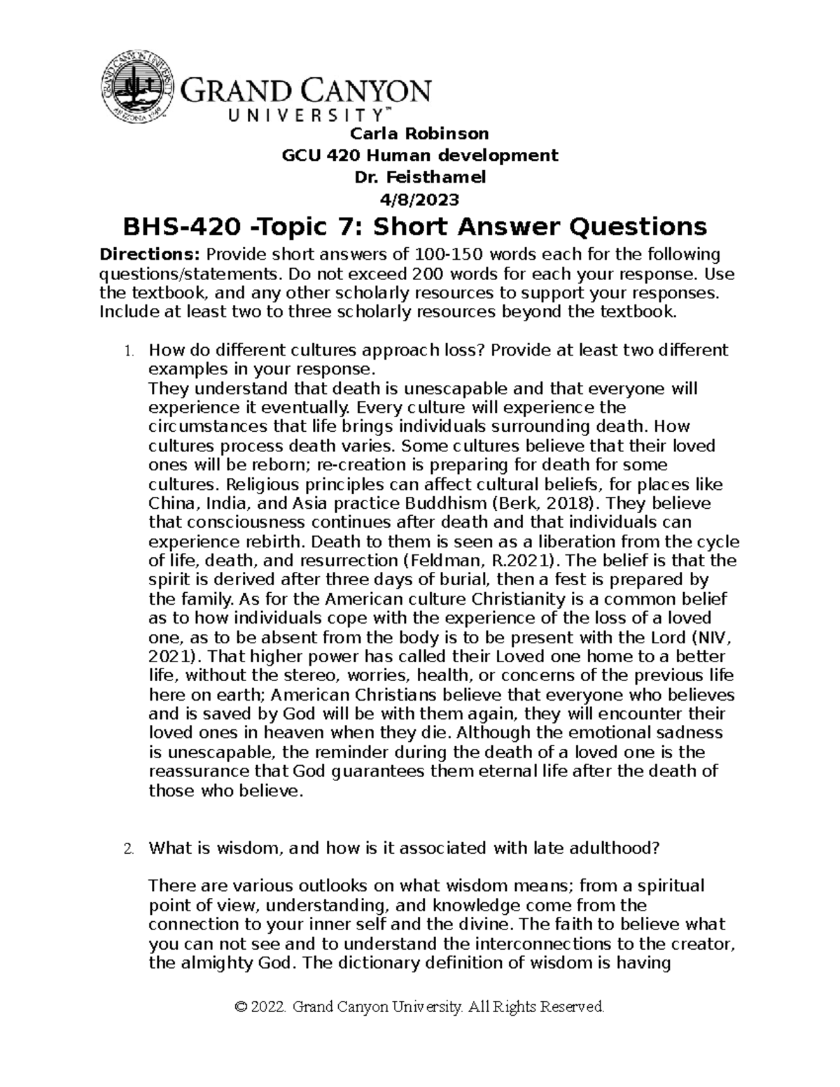 BHS 420 RS T7Short Answer Questions(v2) - Carla Robinson GCU 420 Human ...