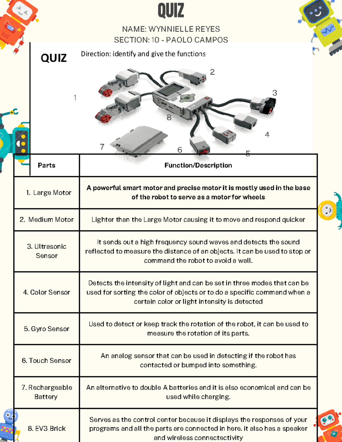 Quiz Electro n Robo 4th QTR - Parts Function/Description Large Motor1. A powerful smart motor ...