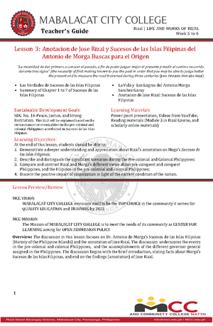 Rizal- Lesson 3-1 - Teacher’s Guide Week 5 to 6 Lesson 3 : Anotacion de ...