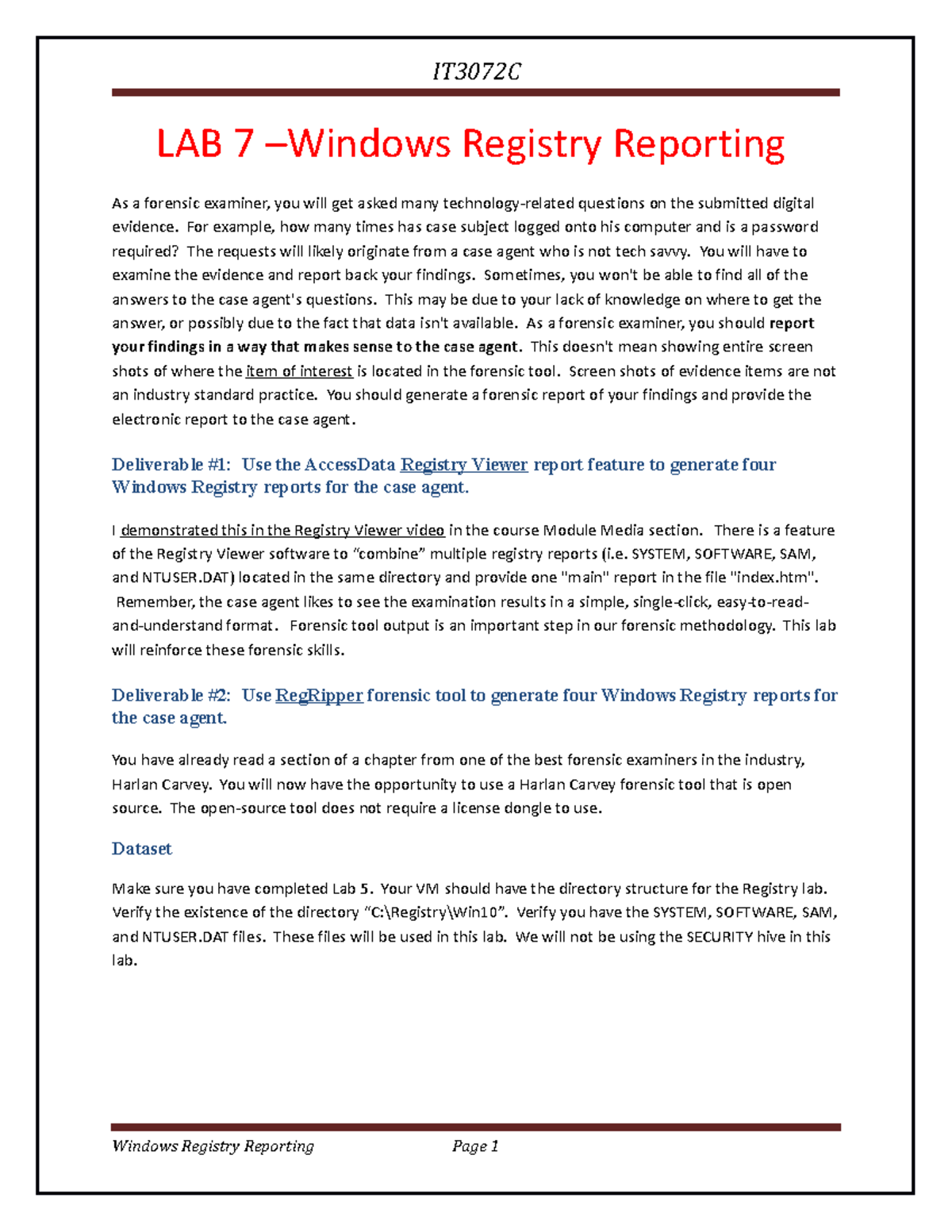 LAB 7 - Windows Registry Reporting 2023 - LAB 7 –Windows Registry ...