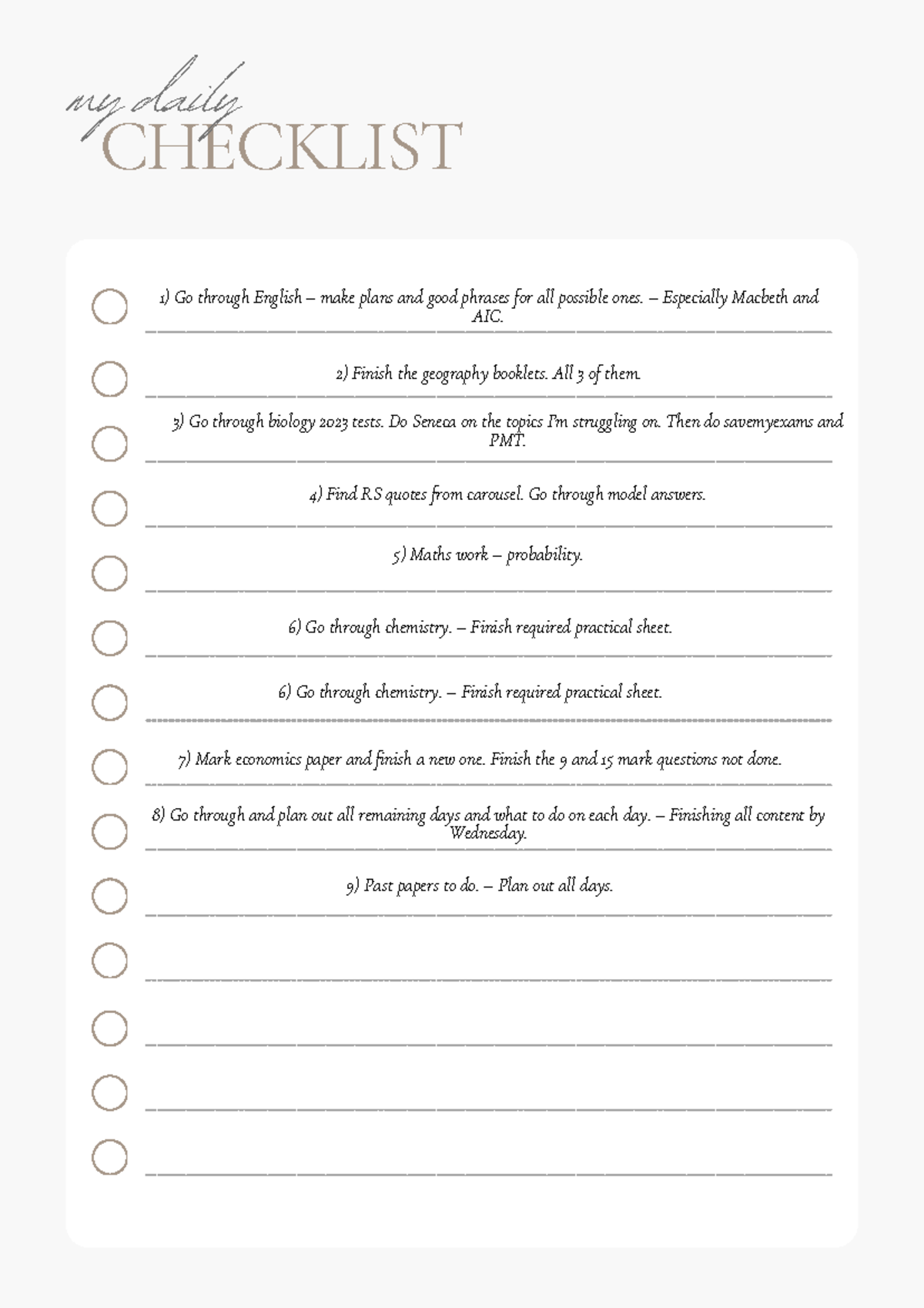 Beige Simple Daily Note Checklist - CHECKLIST my daily 1) Go through ...