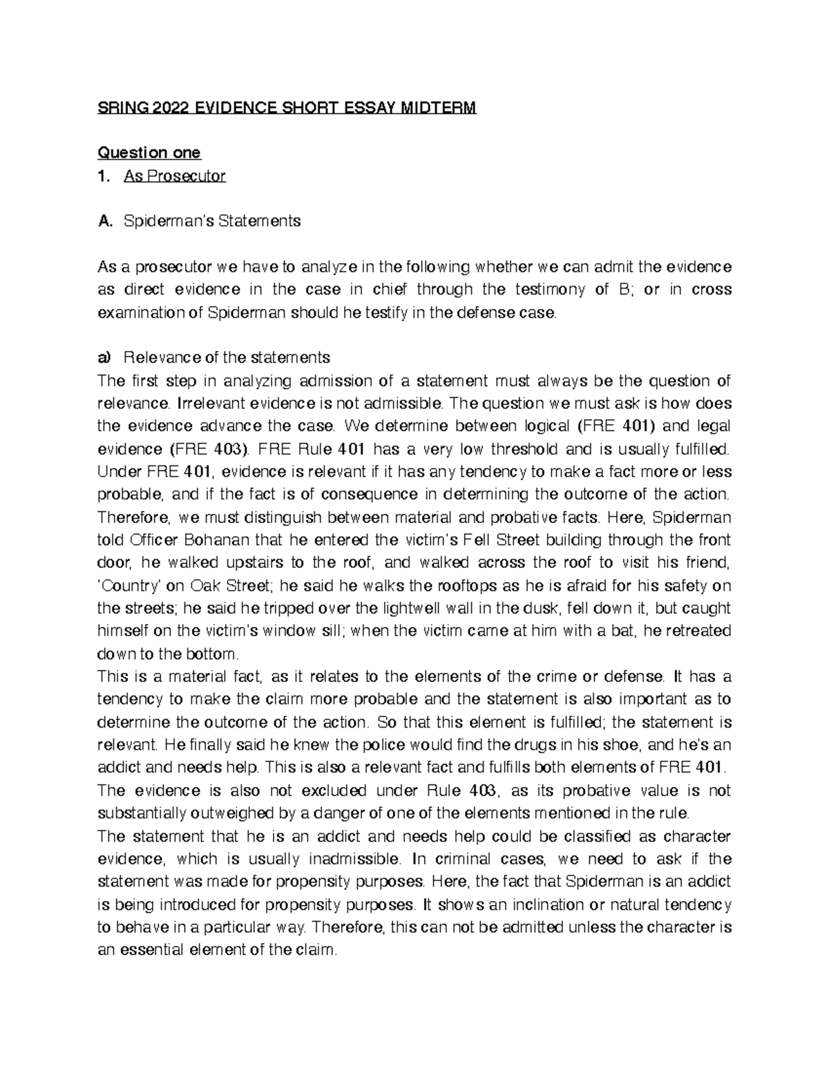 Evidence Essay Midterm - SRING 2022 EVIDENCE SHORT ESSAY MIDTERM ...