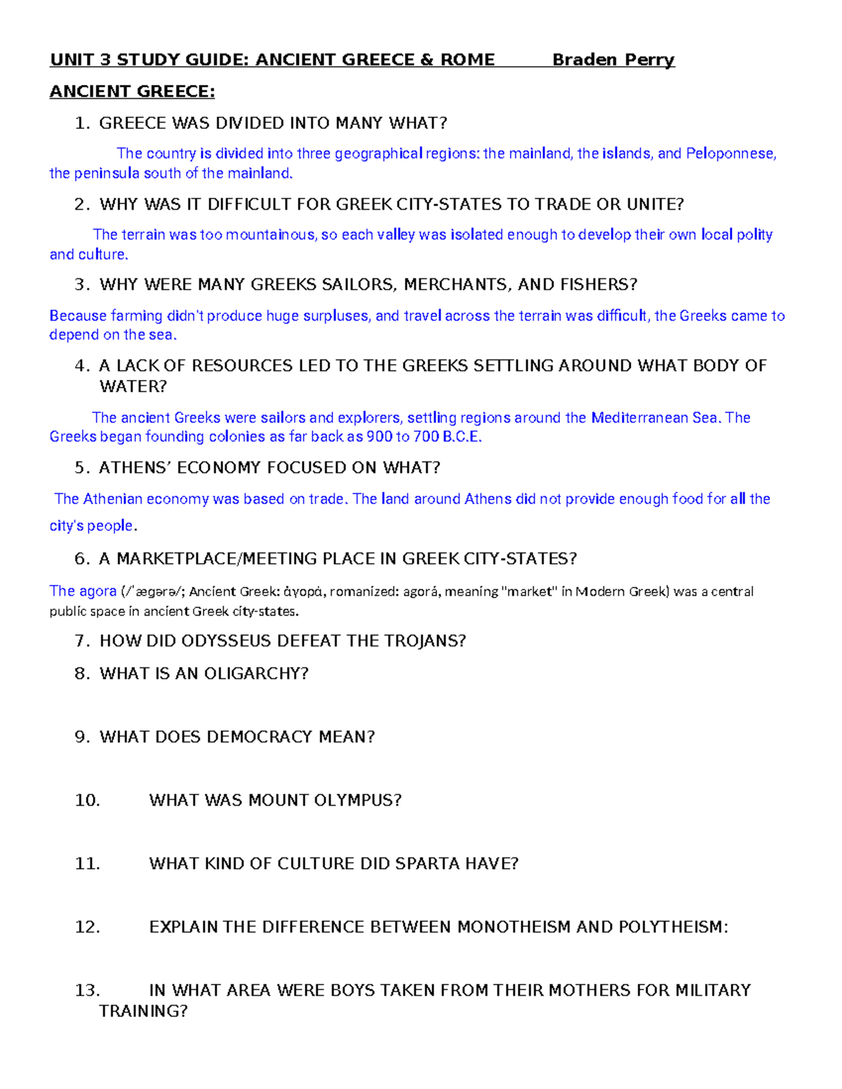 Unit 3 Study Guide World History- Ancient Greece and Rome - UNIT 3 ...