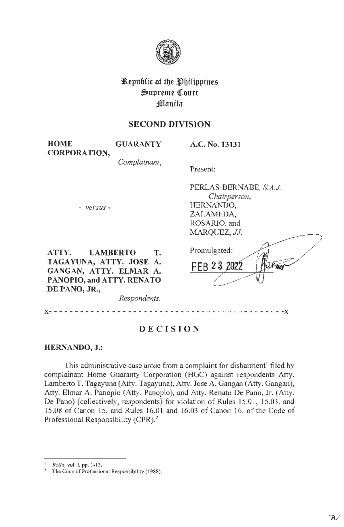 3. home guaranty vs Atty Tagayuma, A.C. No. 13131 - l\epublic of tbe t ...
