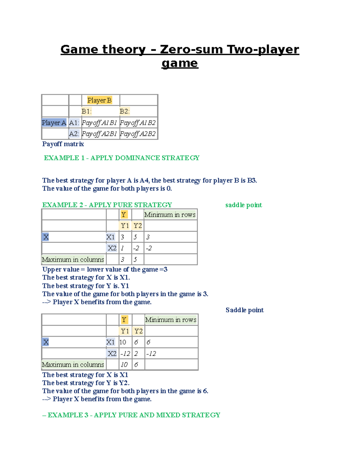 Game theory lecture notes - Game theory – Zero-sum Two-player game ...
