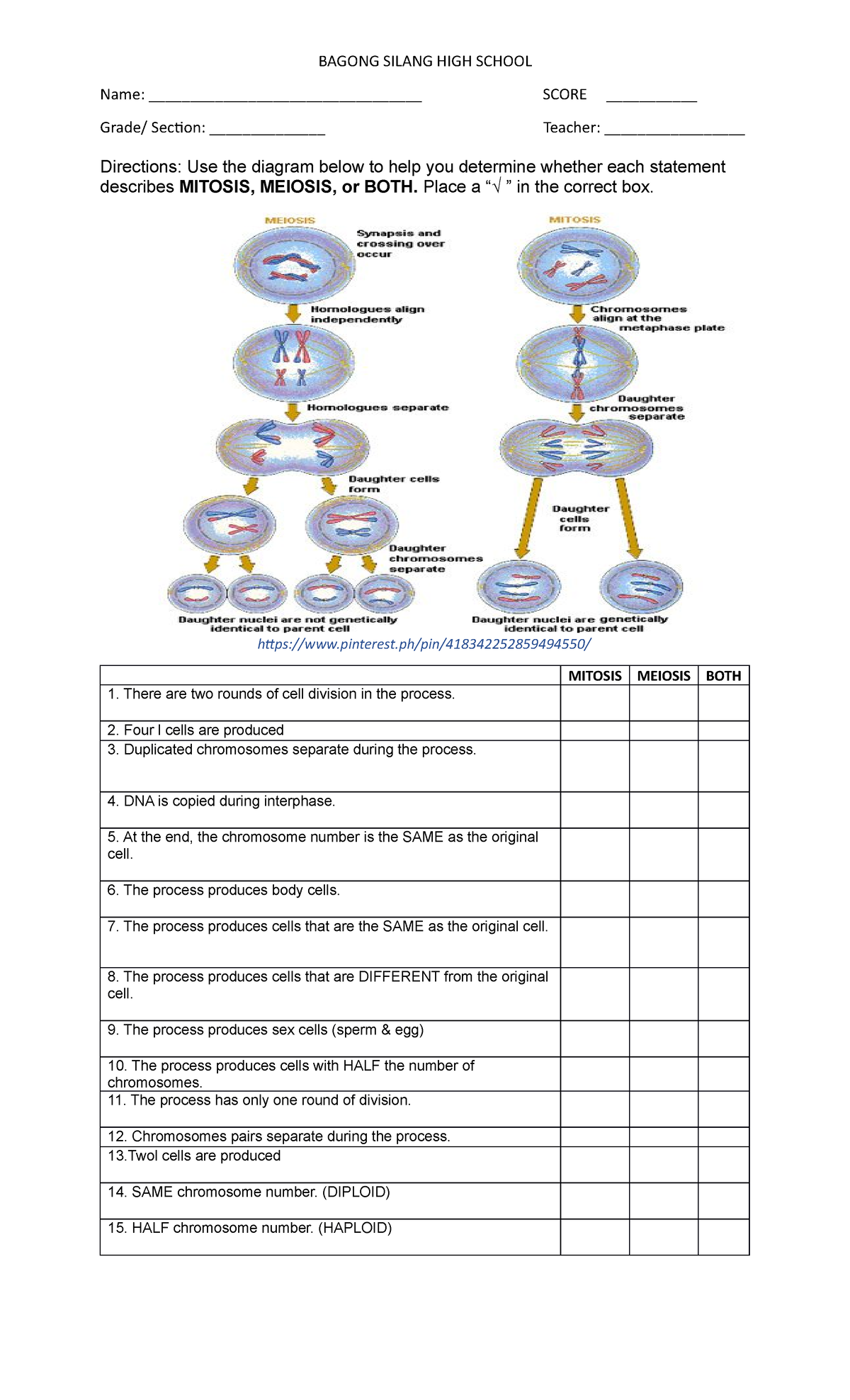 Comparing Mitosis- Meiosis Worksheet - BAGONG SILANG HIGH SCHOOL Name ...