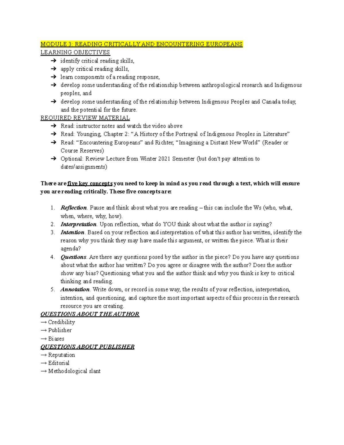 Module 3 Reading Critically AND Encountering Europeans - MODULE 3 ...