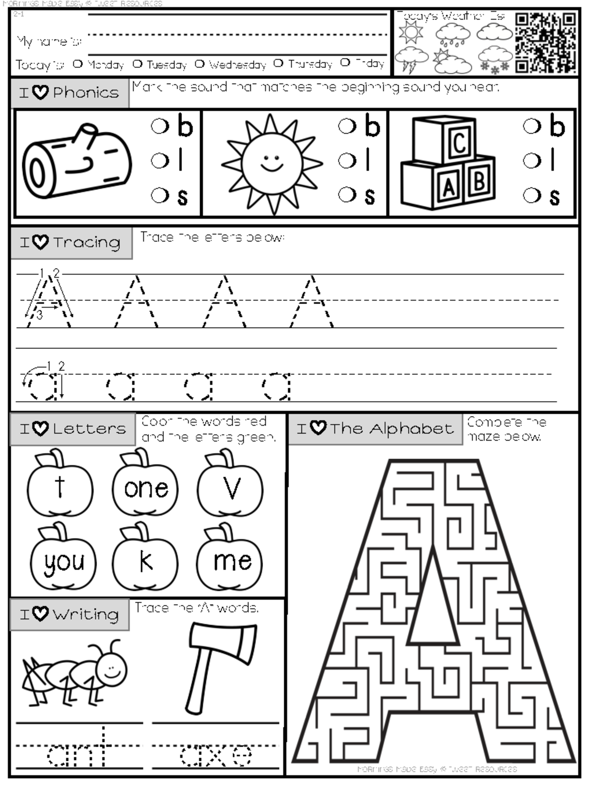Morning work Kindergarten phonics - Thursday I Phonics I Tracing I The ...