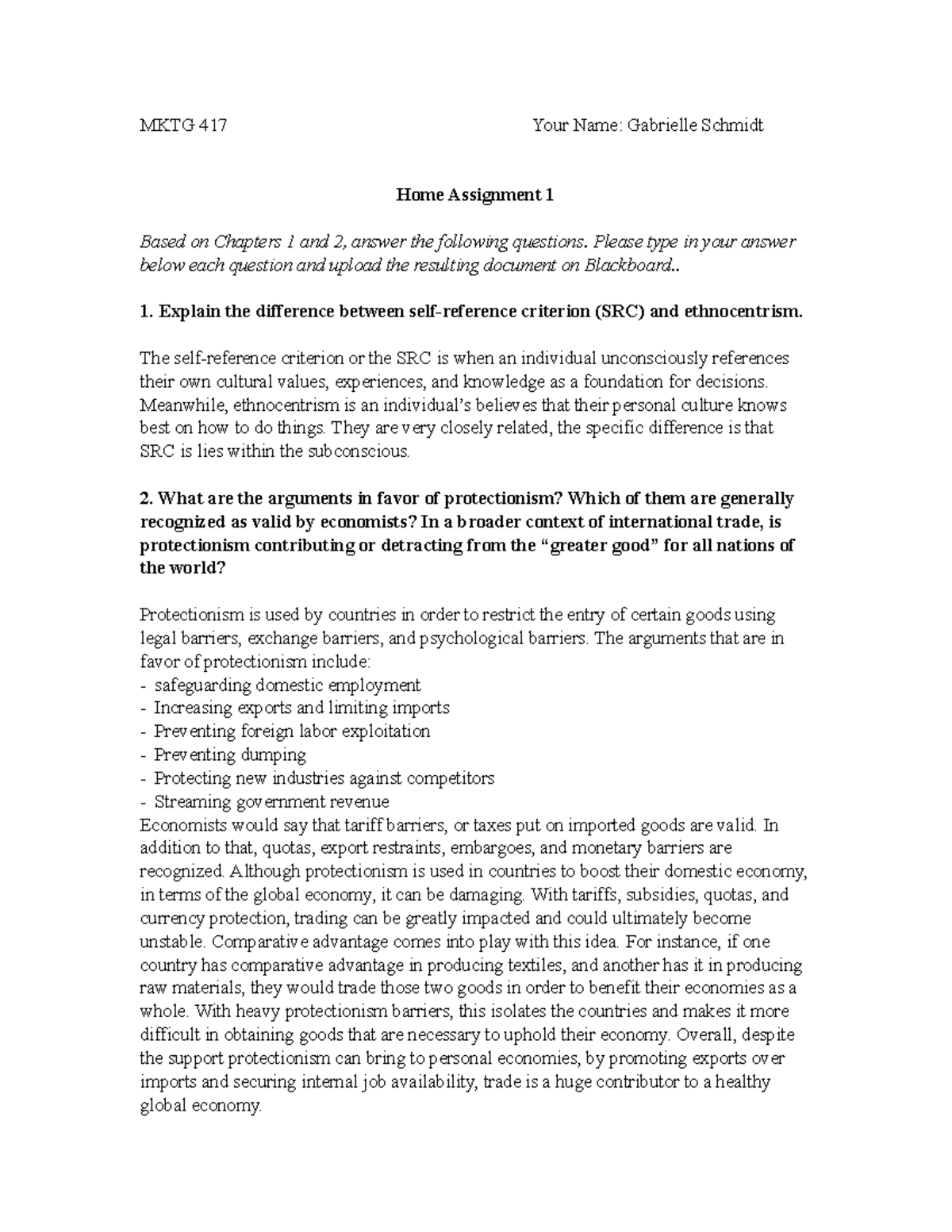 self-reference criterion and ethnocentrism Assignment - MKTG 417 Your ...