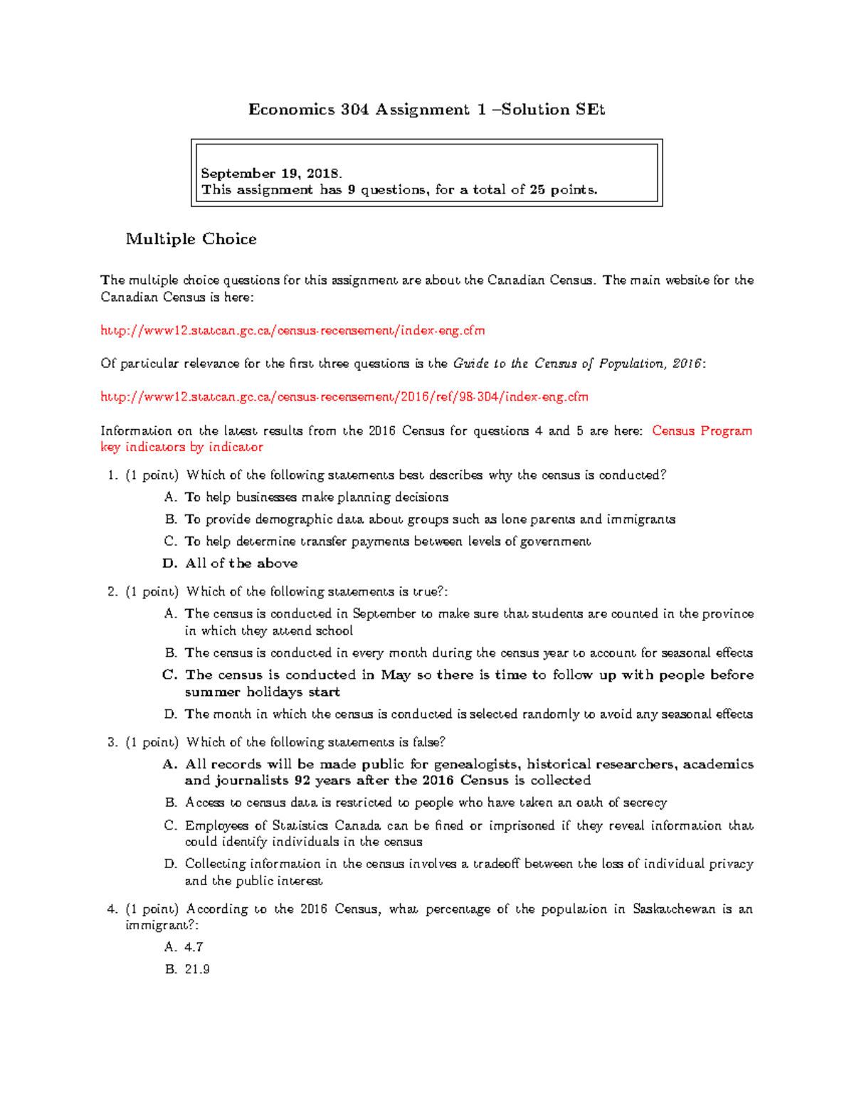 Assignment 1 304 2018 F Solutions - Economics 304 Assignment 1 ...