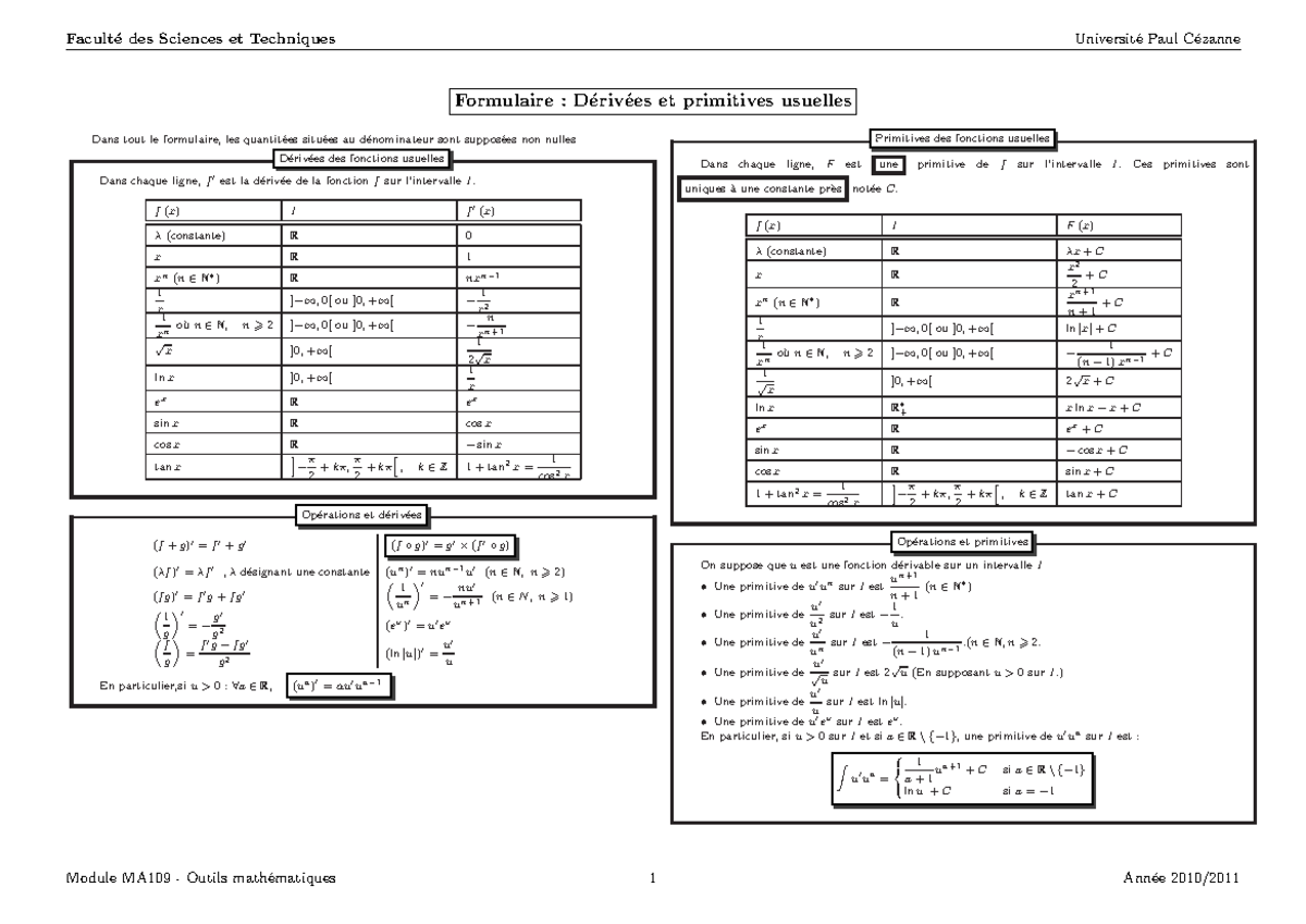 Table Primitives et Dérivées - Facult ́e des Sciences et Techniques Universit ́e Paul C ́ezanne ...