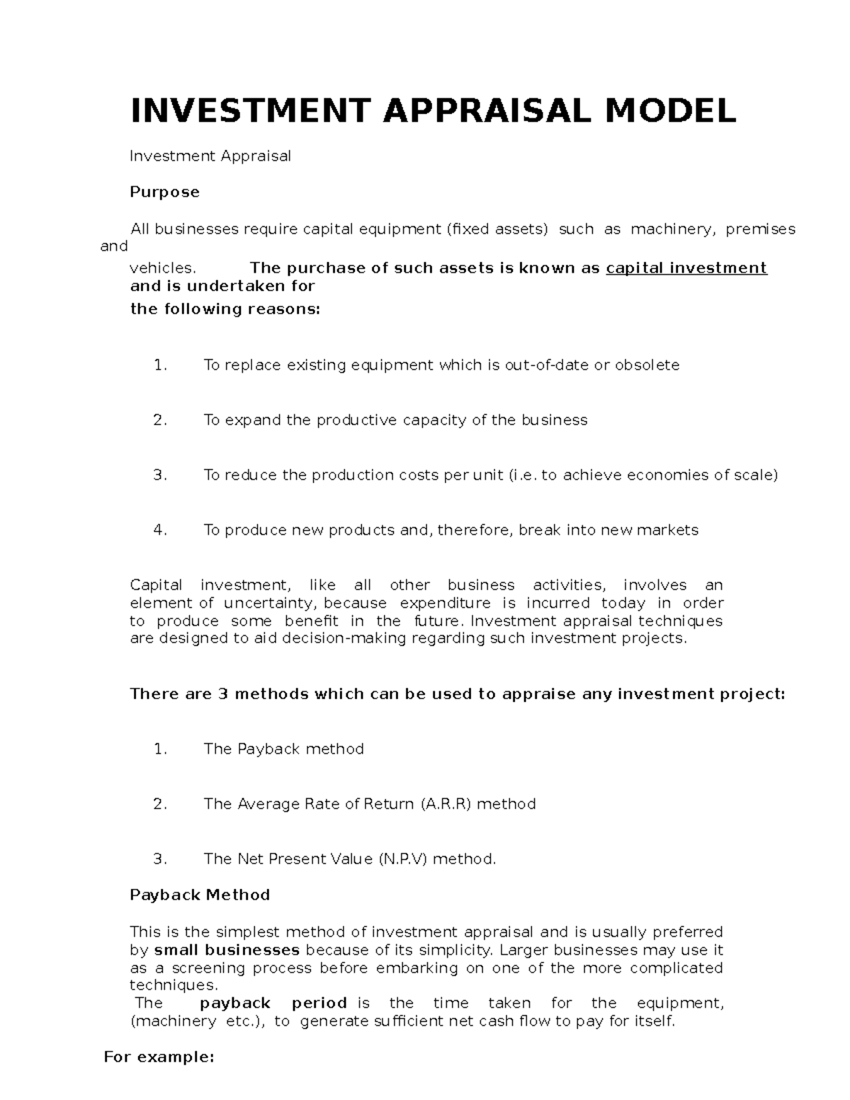 Lecture 3 - Investment Appraisal - INVESTMENT APPRAISAL MODEL ...