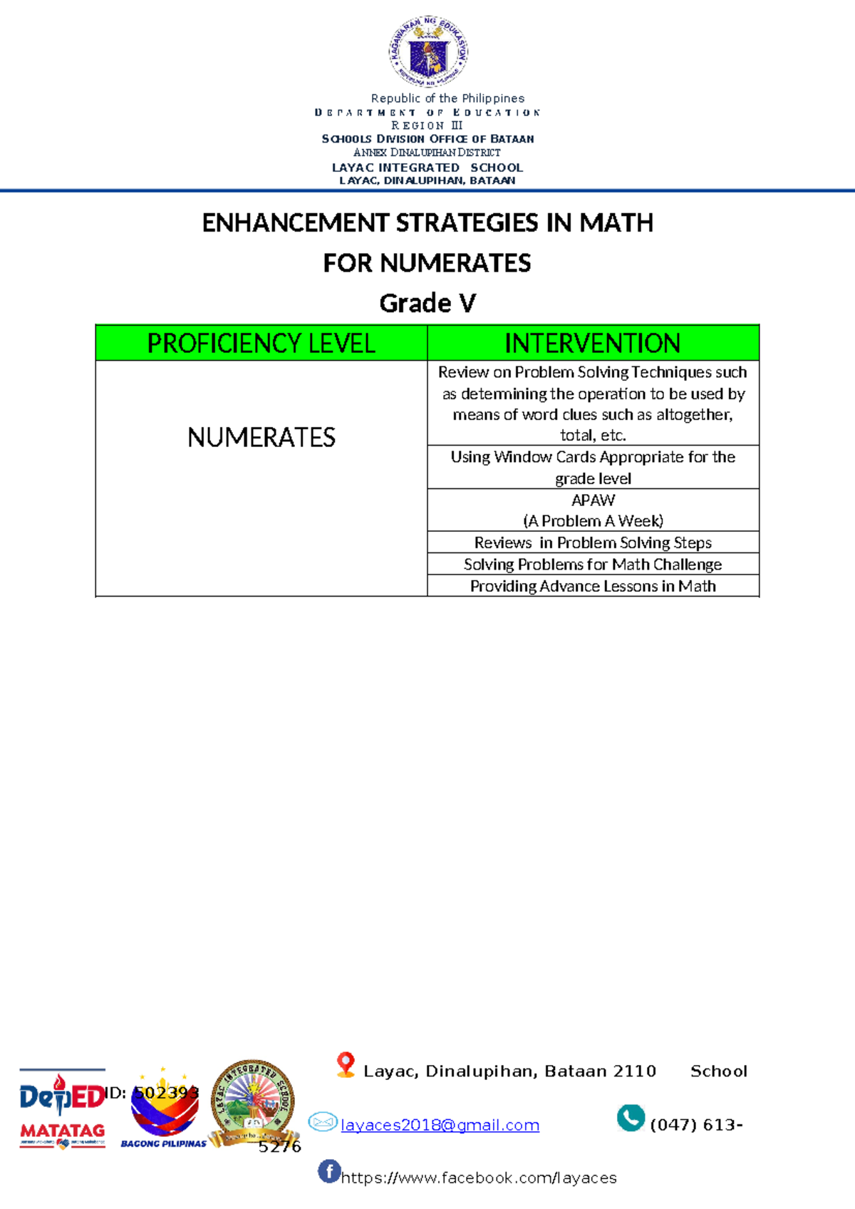 Enhancement IN MATH - KDKKSF - Republic of the Philippines D E P A R T ...