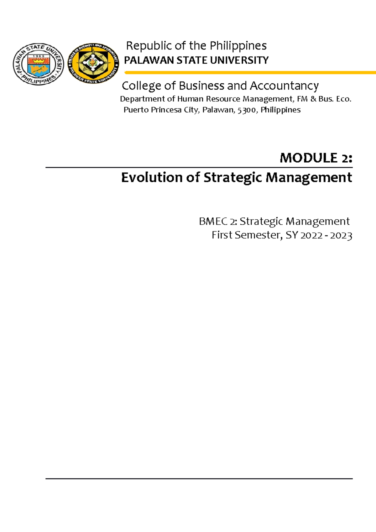 Strategic Management - Module 2 - j Republic of the Philippines PALAWAN ...