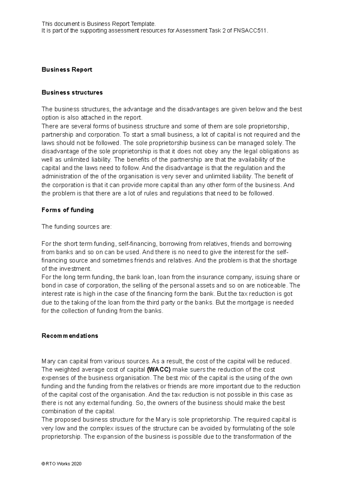 Business Report Template - It is part of the supporting assessment ...