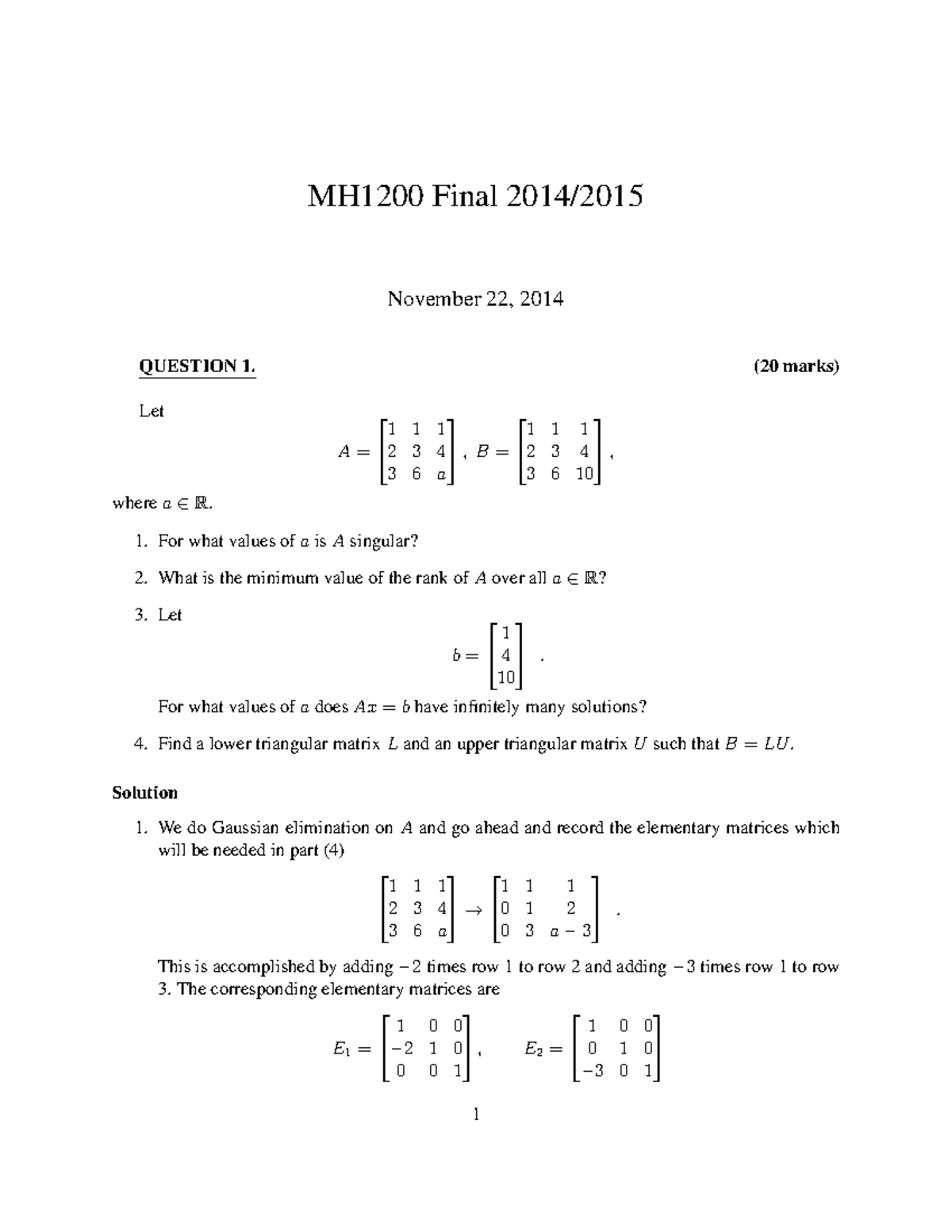 Final 2014 sol - linear algebra assignment - MH1200 Final 2014 ...