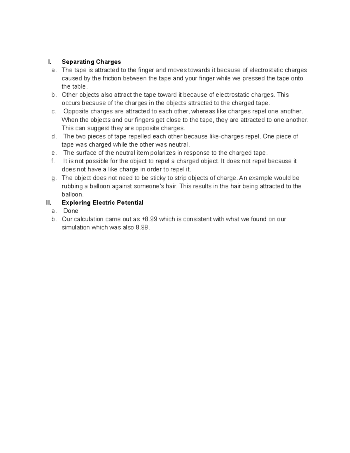 Physics 2 Lab 2 - Intro to Electric Potential - I. Separating Charges a ...
