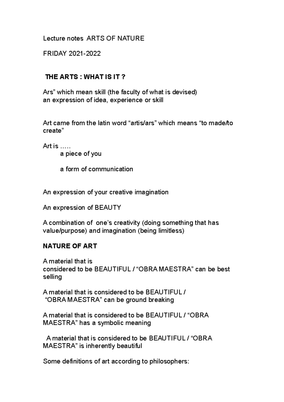 Lecture notes ARTS OF Nature - Lecture notes ARTS OF NATURE FRIDAY 2021 ...