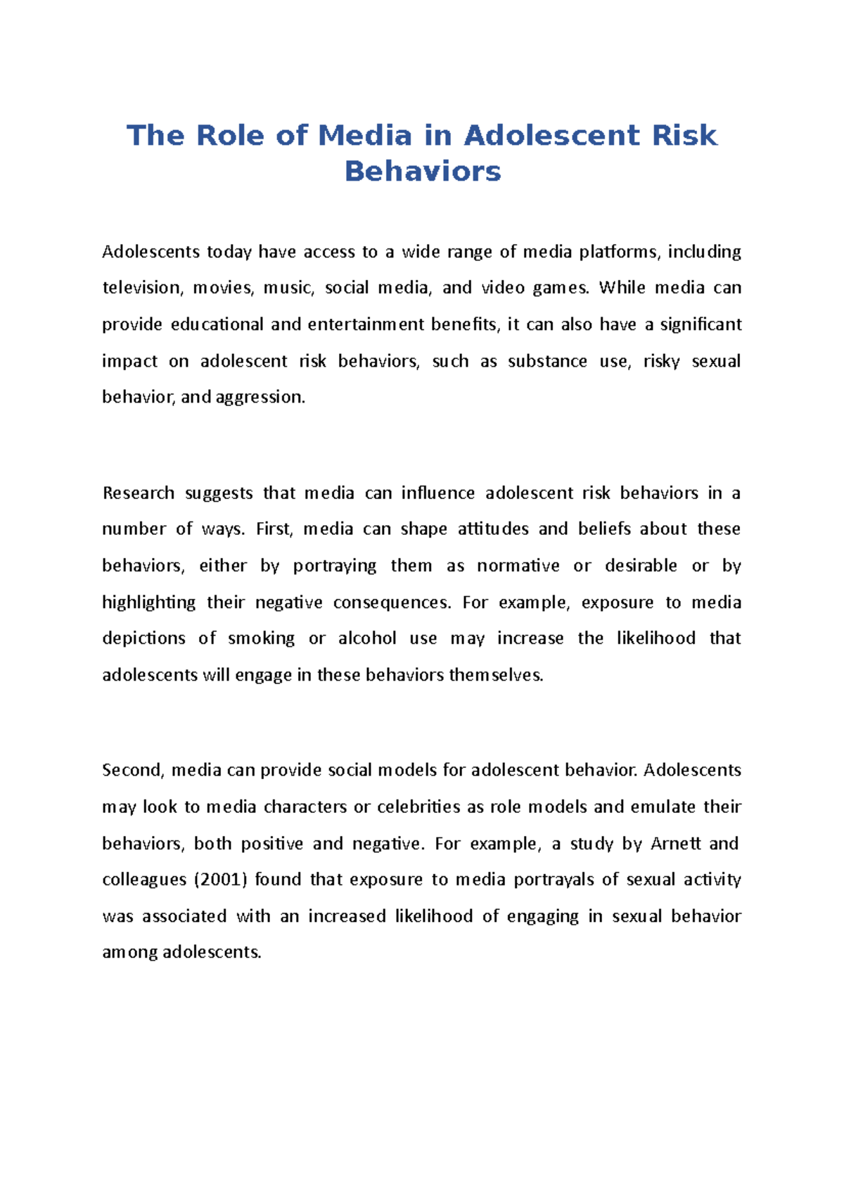 The Role of Media in Adolescent Risk Behaviors - The Role of Media in ...