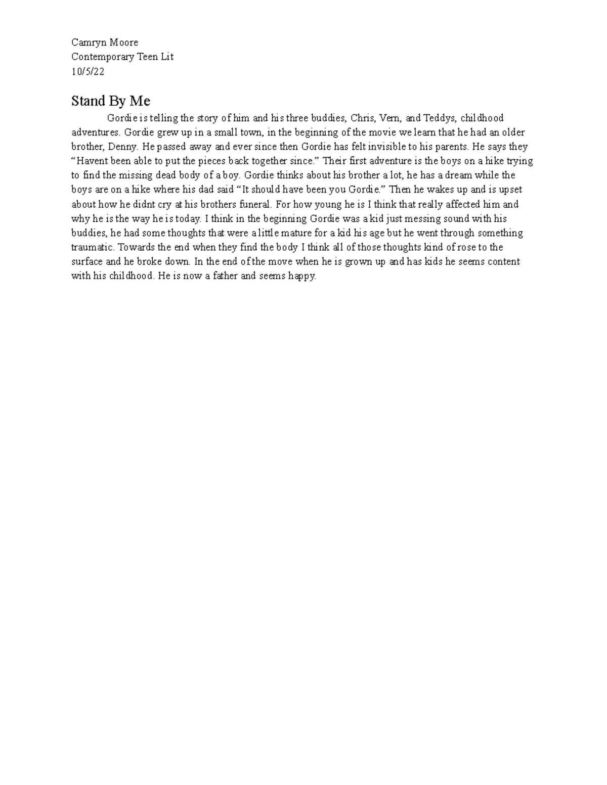 Reflection Stand By Me - movie answers - Camryn Moore Contemporary Teen ...