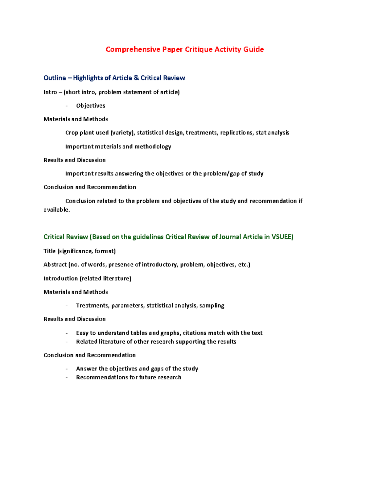 Comprehensive Paper Critique Activity Guide - Critical Review (Based on ...