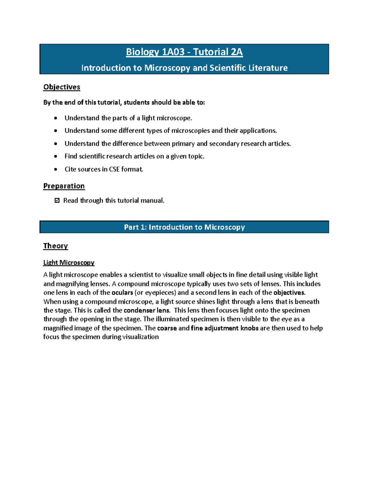 Tutorial 2A manual W2022 - Biology 1A03 - Tutorial 2A Introduction to ...