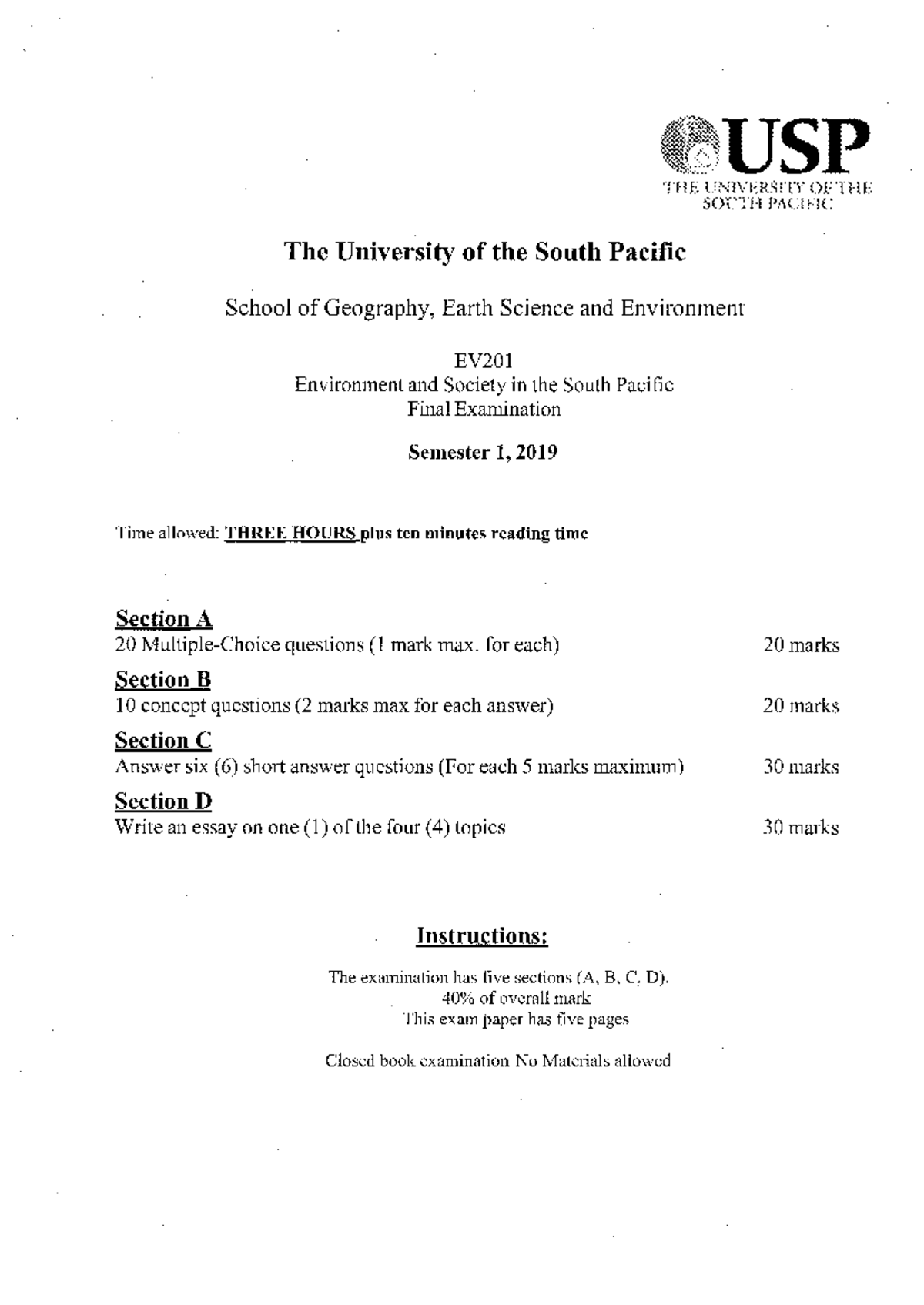 EV201 Exam 2019 - exam revision - ####### USP THE UNJVERSI'rY OF THE ...
