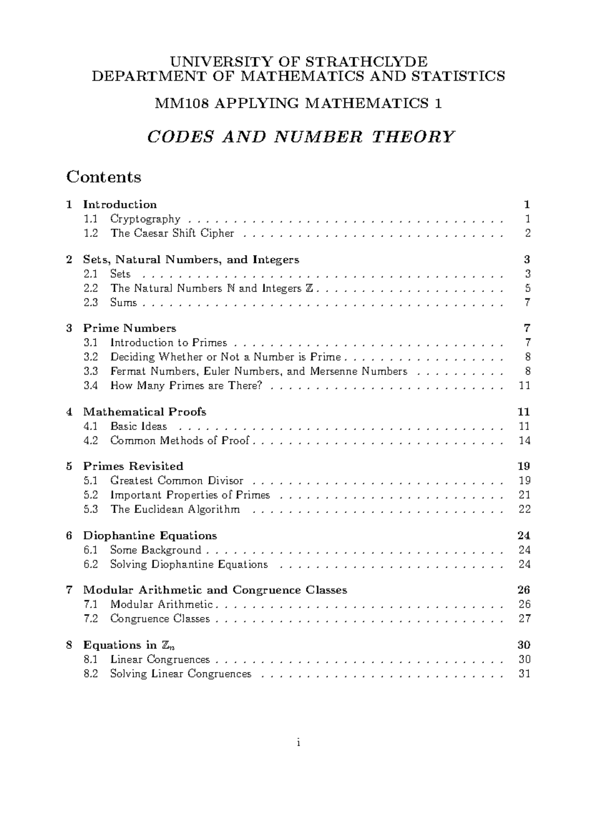 Notes - UNIVERSITY OF STRATHCLYDE CODES AND NUMBER THEORY - MM108 ...