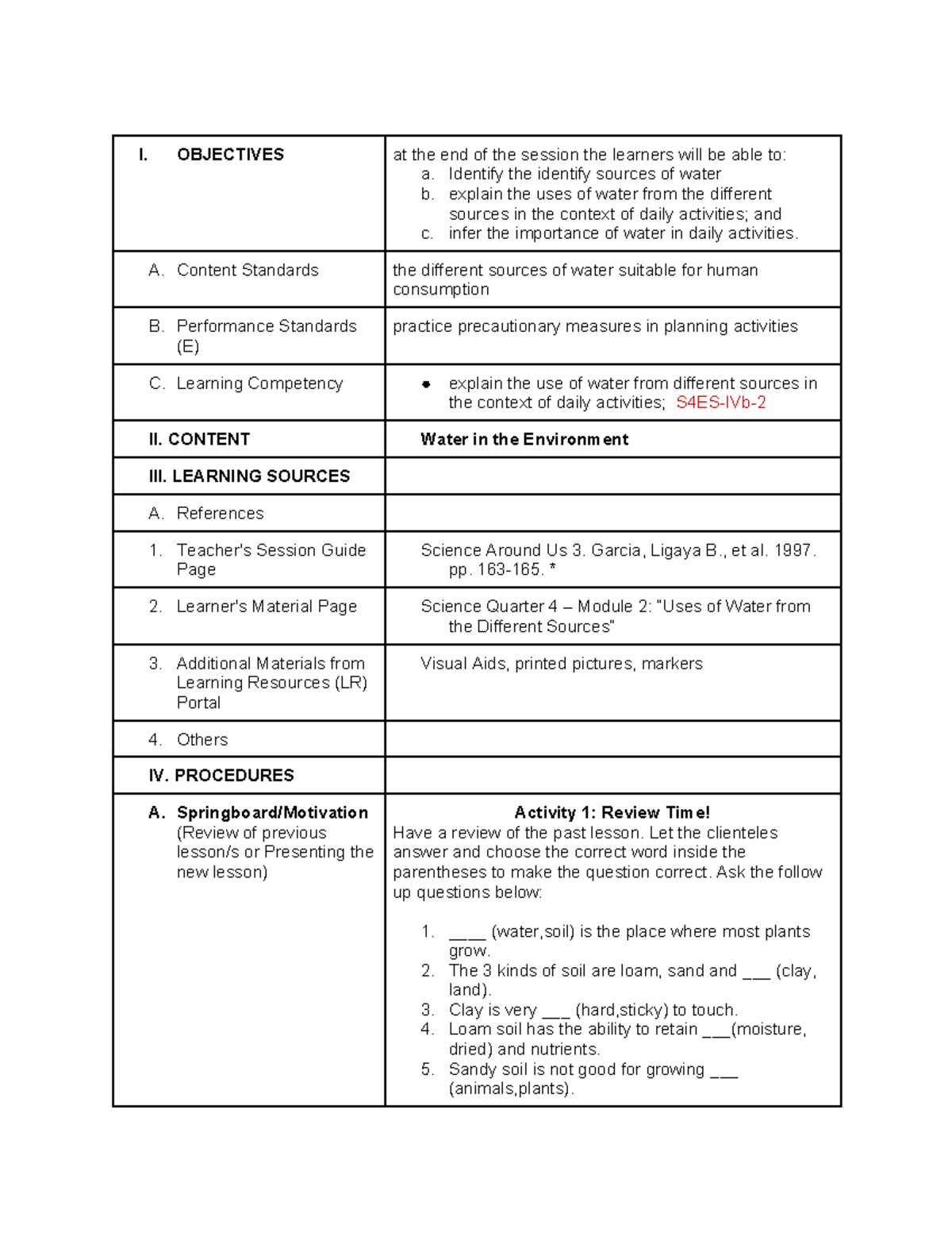 Grade 4 - Science - n/a - I. OBJECTIVES at the end of the session the ...