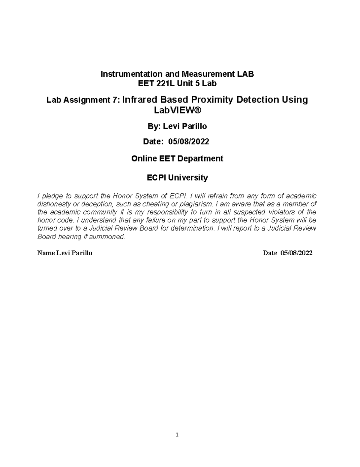 EET221L U5 Lab Report - Instrumentation and Measurement LAB EET 221L Unit 5 Lab Lab Assignment 7 ...