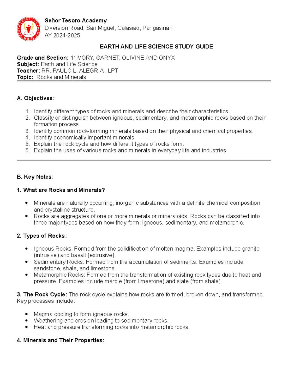 Earth and Life Science Study Guide-2Q - Señor Tesoro Academy Diversion ...