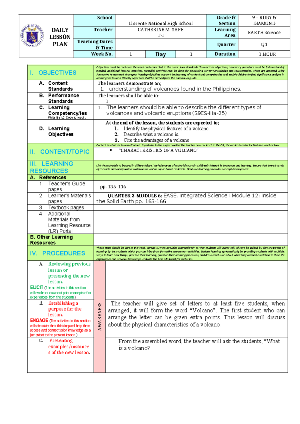 For cot - DAILY LESSON PLAN School Llorente National High School Grade ...