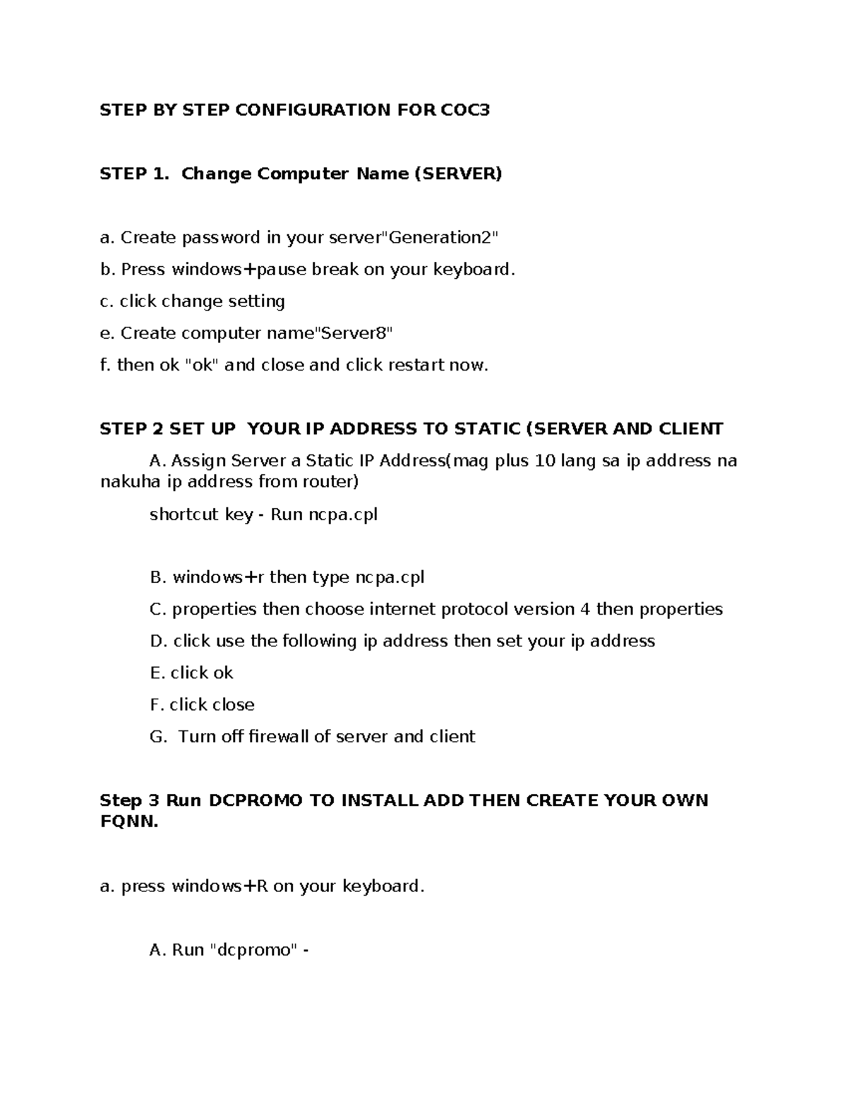 COC3 Steps - Read it - STEP BY STEP CONFIGURATION FOR COC STEP 1. Change Computer Name (SERVER ...