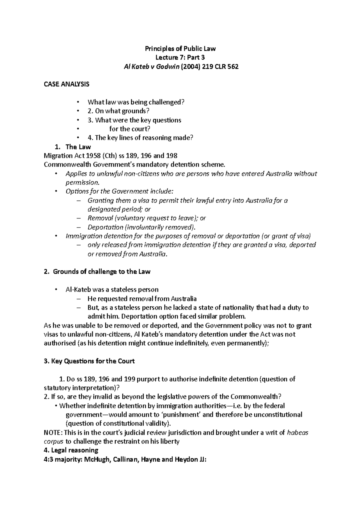 Principles of Public Law Lecture 7- Part 3 Al Kateb v Godwin (2004 ...