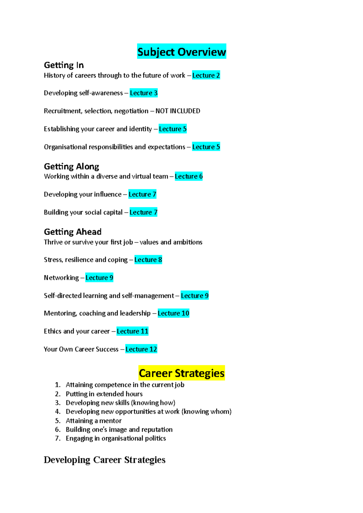 Manage Work and Your Career - Notes - Subject Overview Getting In ...