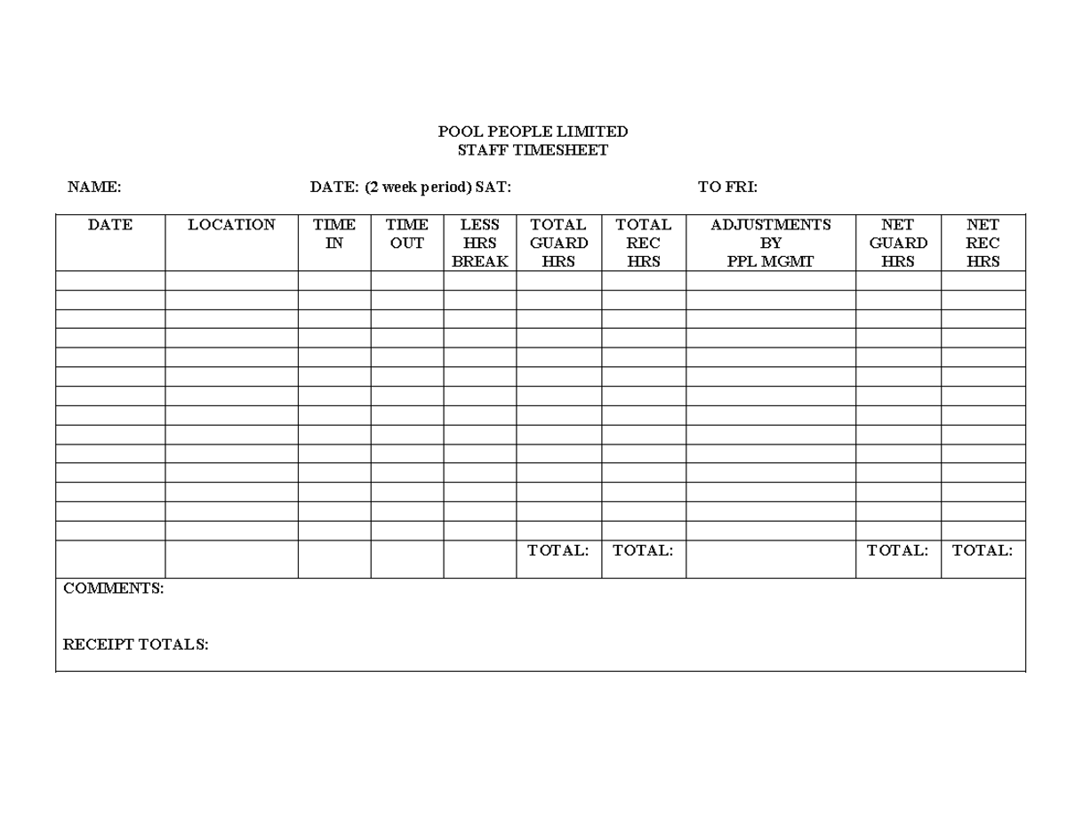 Blank Timesheet - ECN 104 - POOL PEOPLE LIMITED STAFF TIMESHEET NAME ...