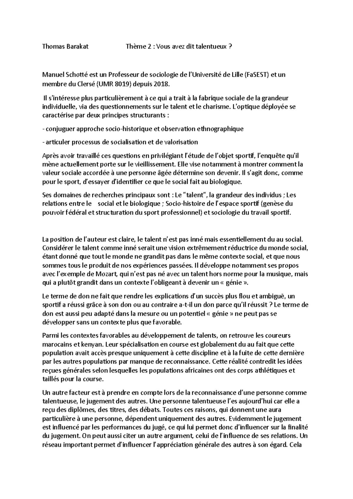 Manuel schotté - Résumé Sociologie STAPS L1 - Thomas Barakat Thème 2 ...