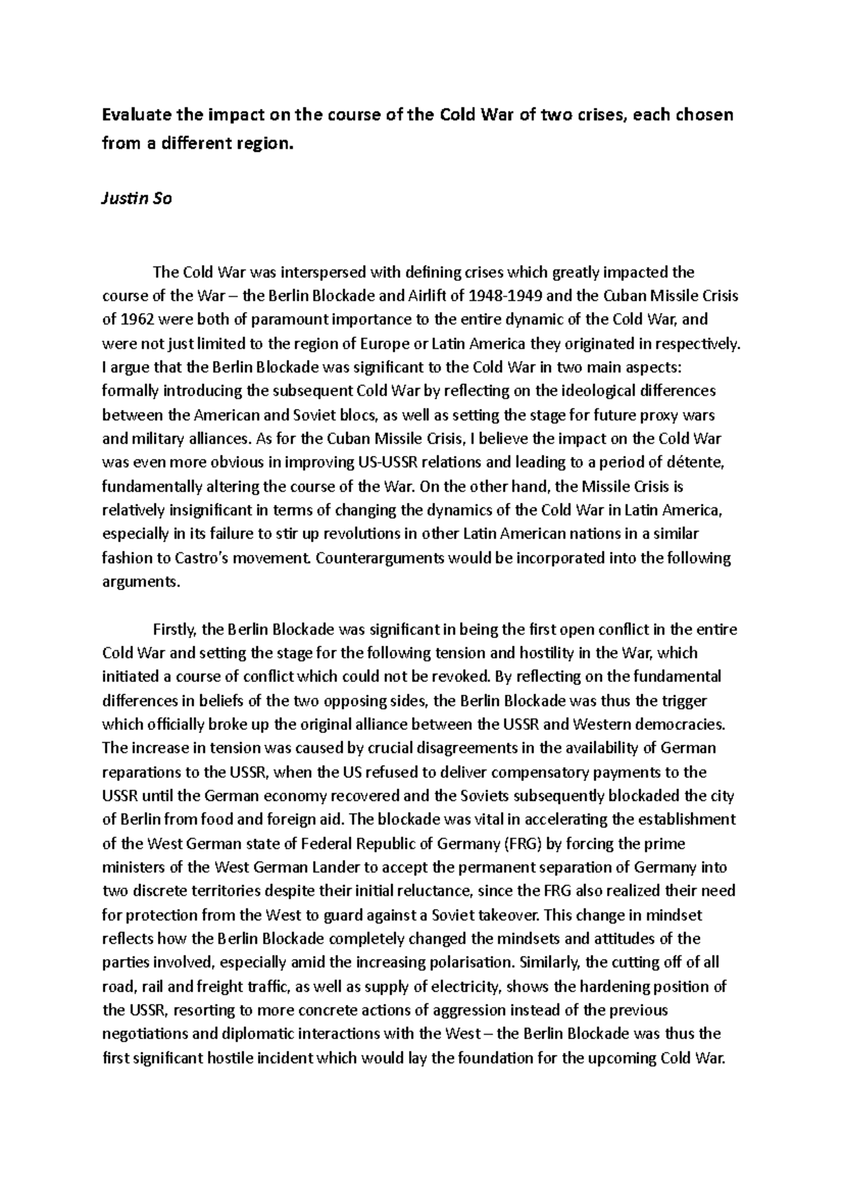 Cold War Two Crises Essay - Ox - Studocu