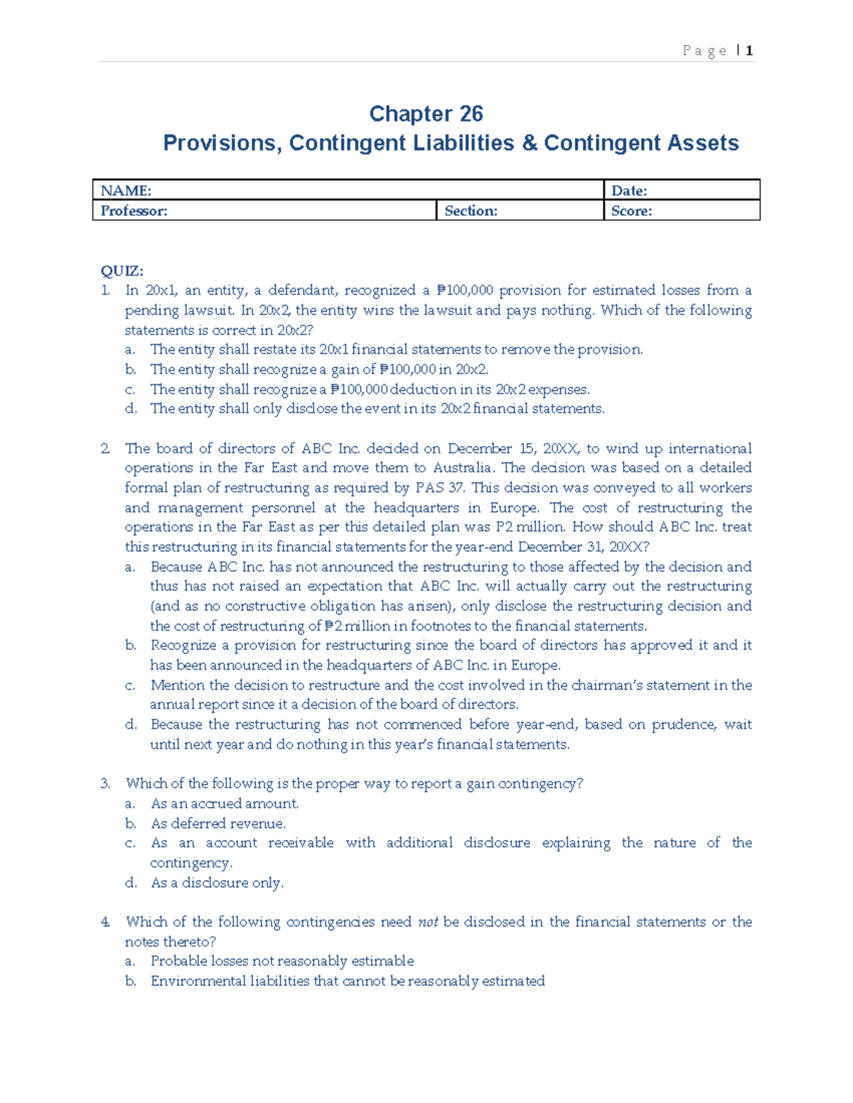 Toaz - none - P a g e | 1 Chapter 26 Provisions, Contingent Liabilities ...