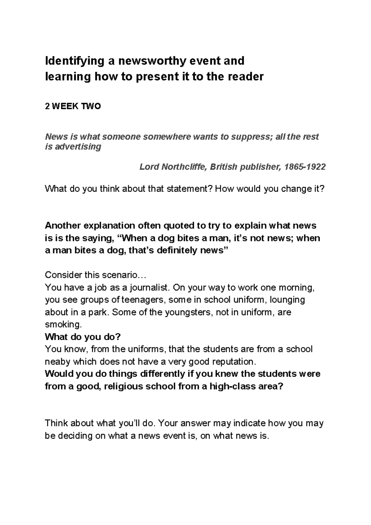 2 WEEK TWO Identifying a newsworthy event - Identifying a newsworthy ...