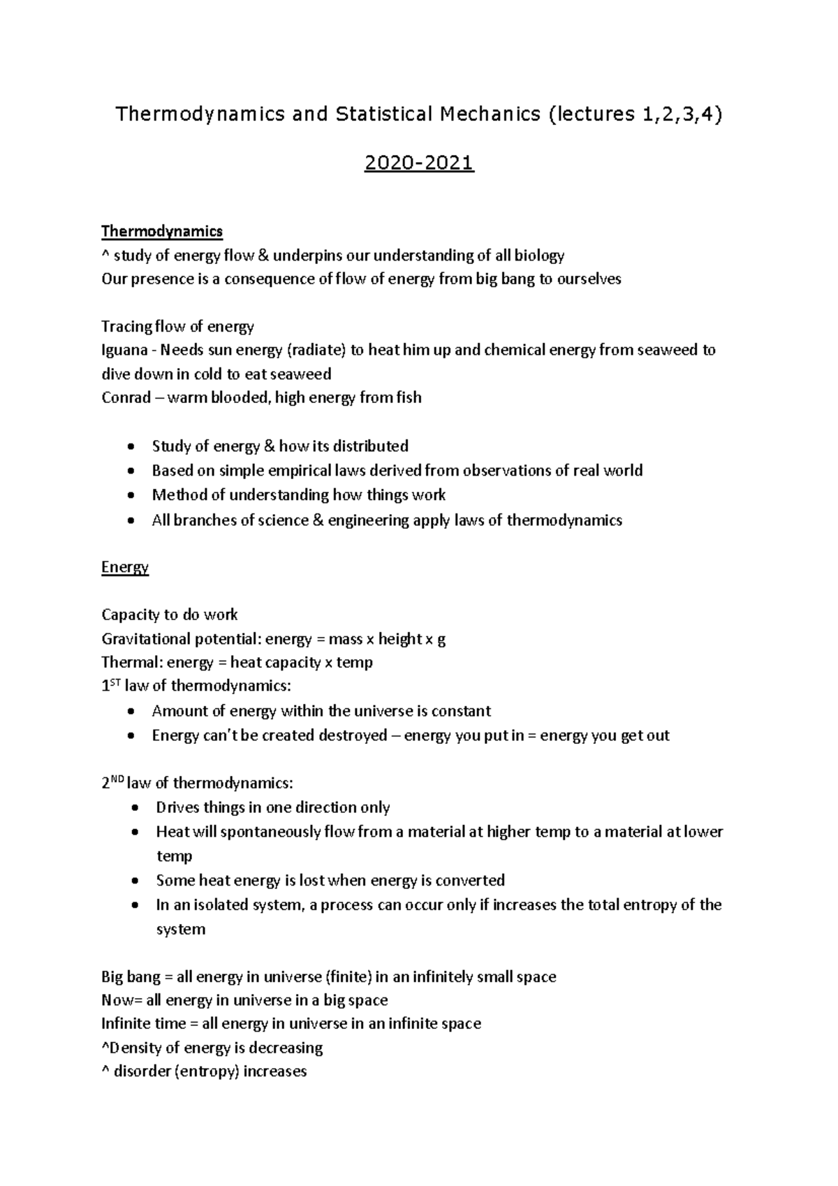 Thermodynamics and Statistical Mechanics lectures 1to4 20202021 ...