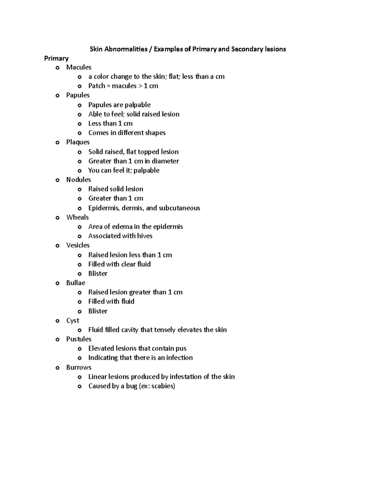 Skin Abnormalities : Examples of Primary and Secondary lesions - Studocu