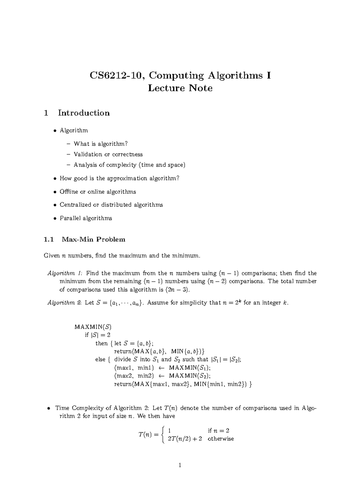 CS6212-10, Computing Algorithms I Lecture Notes - Computing Algorithms ...