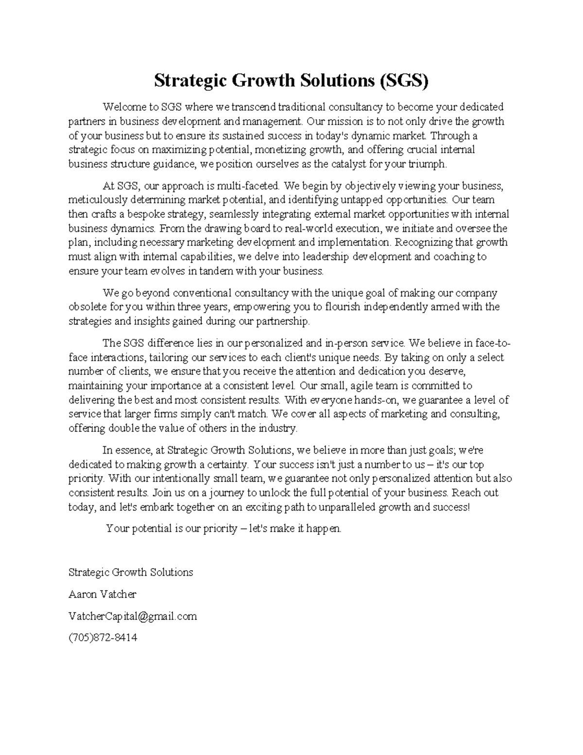SGS Rough Draft - Strategic Growth Solutions (SGS) Welcome to SGS where we transcend traditional ...