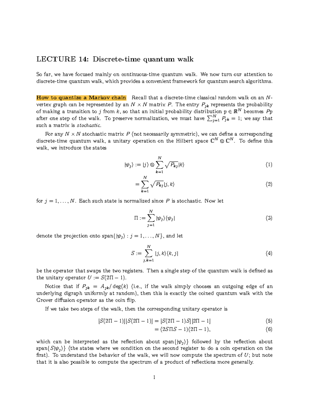 LECTURE 14: Discrete-time quantum walk - Quantum algorithms (CO 781, Winter 2008) Prof. Andrew ...
