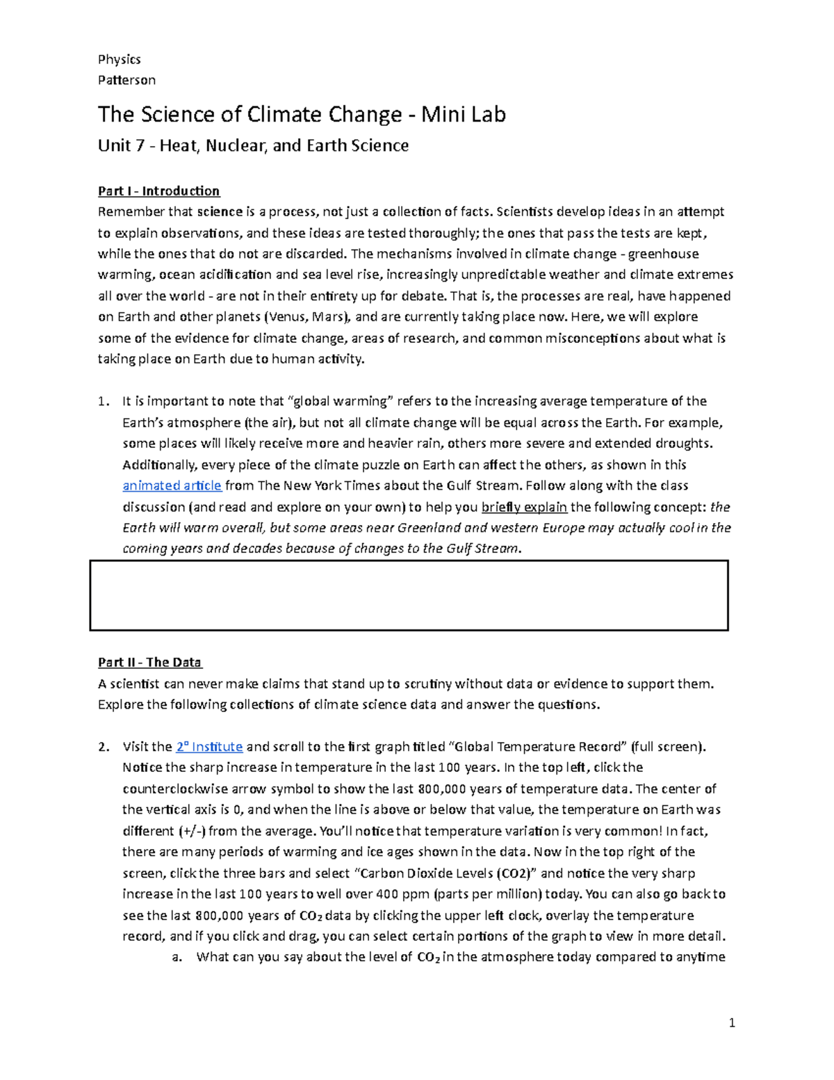 The Science of Climate Change Mini Lab - Physics Patterson The Science ...