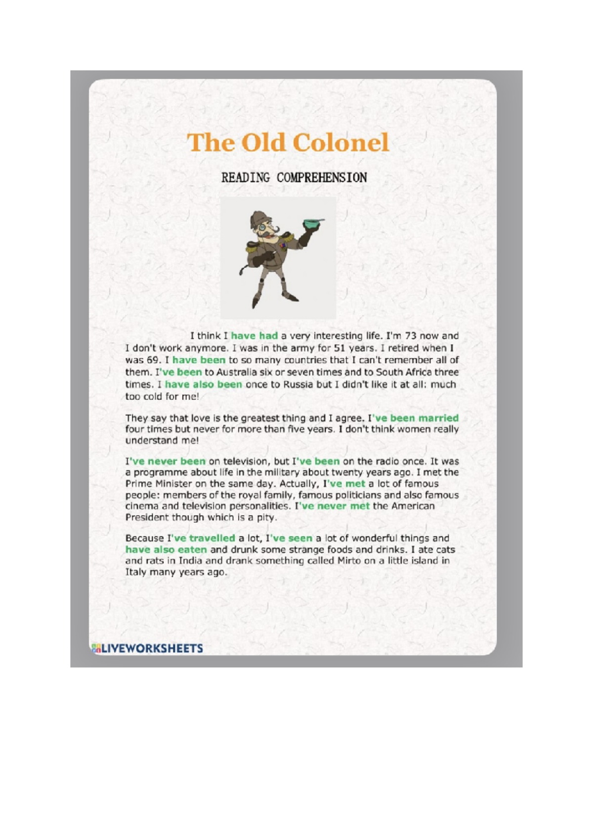 Reading comprehension- the old colonel - Vakdidactiek Engels 2 - Studocu