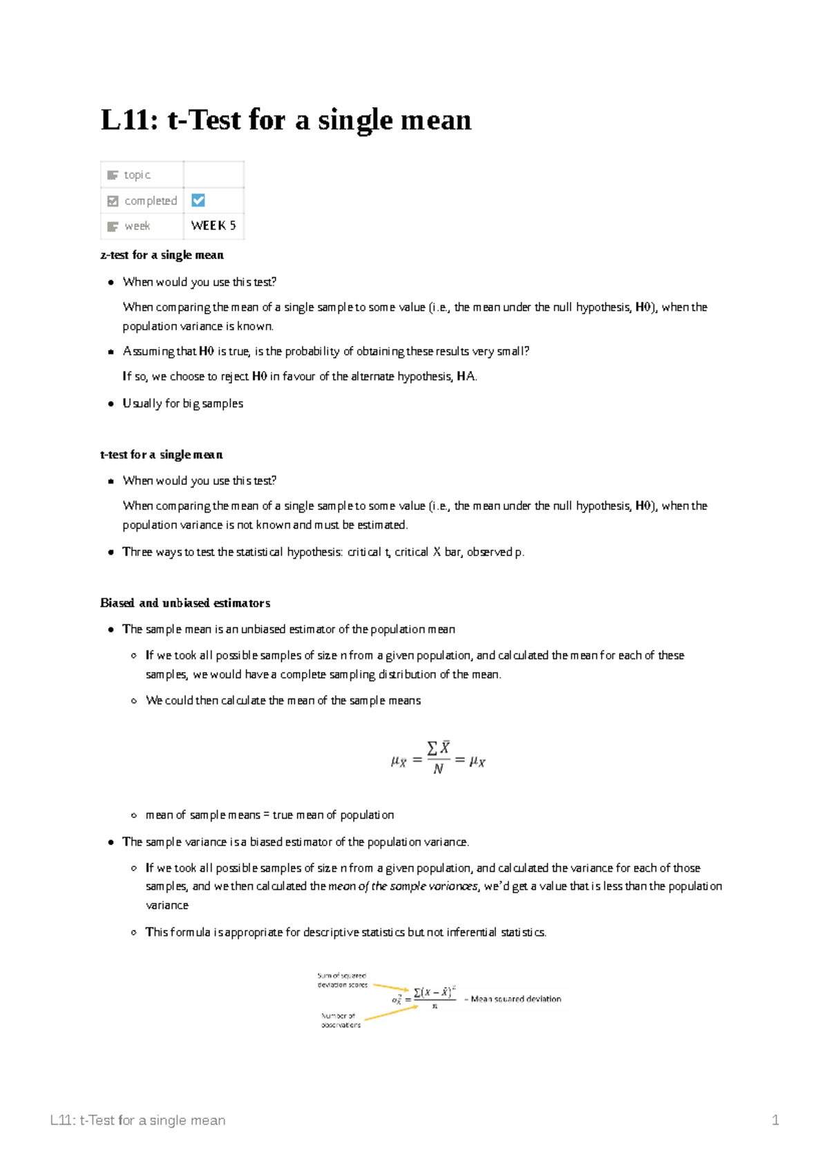 Wk 5 - lecture notes - L11: t-Test for a single mean 1 L11: t-Test for ...